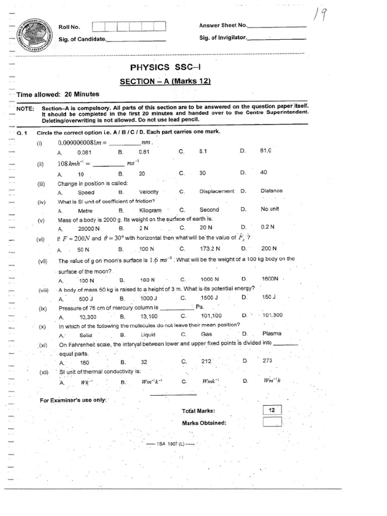Class 9 Physics FBISE Past Paper 2019 | PDF