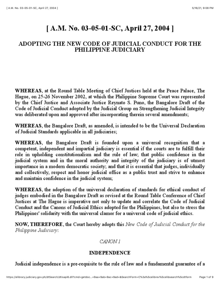 New Code of Judicial Conduct (AM No. 03-05-01-SC-042704) | Download Free PDF | Judiciaries | Judge