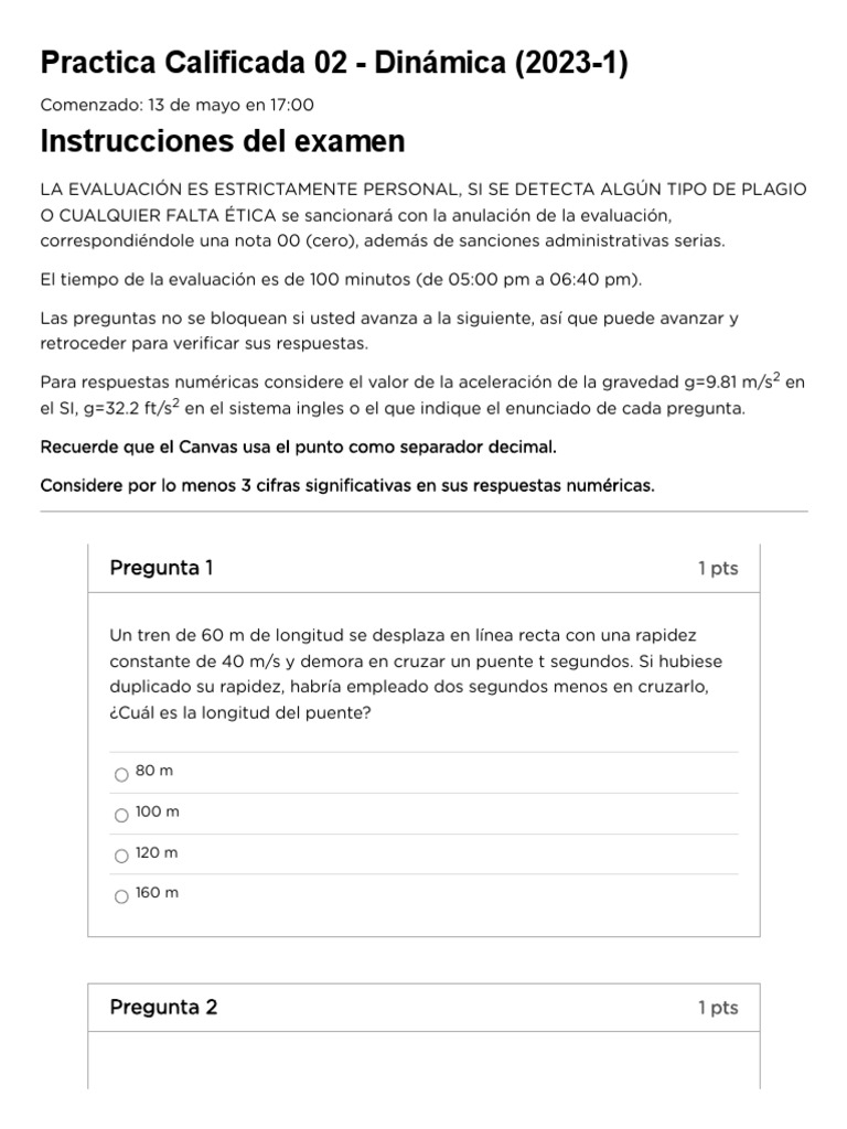 Examen - Practica Calificada 02 - Dinámica (2023-1) | PDF | Velocidad | Aceleración