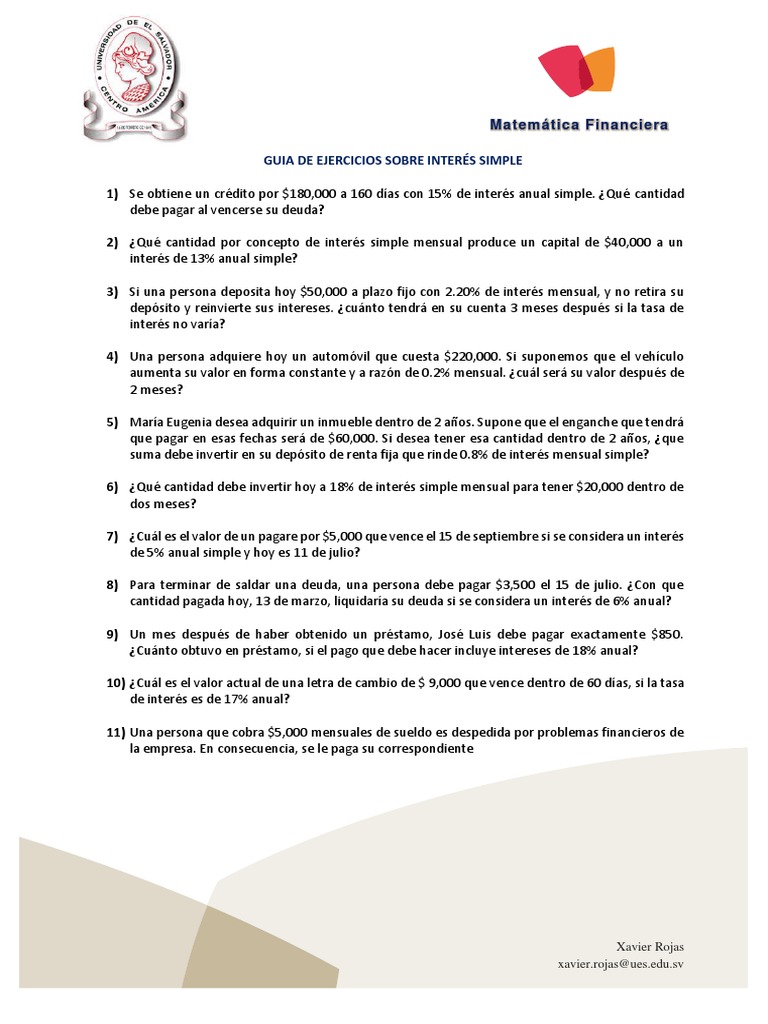 Guía de ejercicios prácticos sobre cálculo de intereses simples | PDF ...