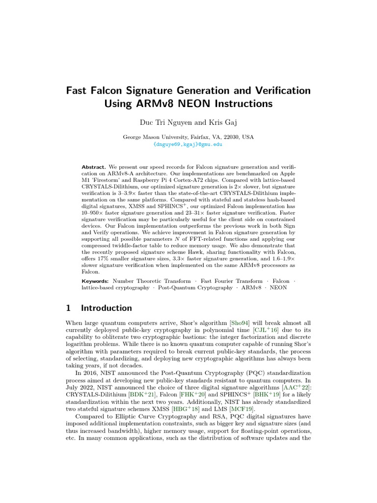 Fast Falcon Signature Generation And Verification Pqc2022 Pdf Fast Fourier Transform