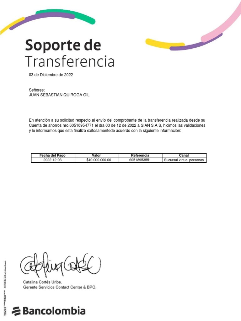 Soporte Transferencia Bancolombia | PDF