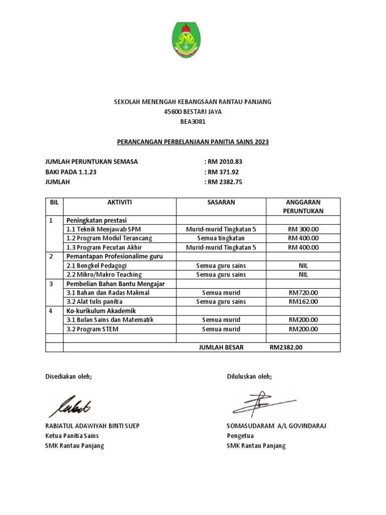 Anggaran Perbelanjaan Panitia Sains 2023 | PDF