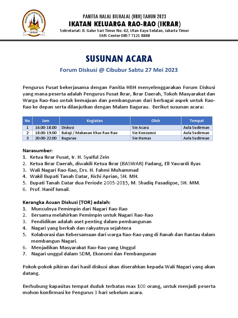 SUSUNAN ACARA FORUM DISKUSI IKRAR @ CIBUBUR 27 MEI 2023.pdf | PDF