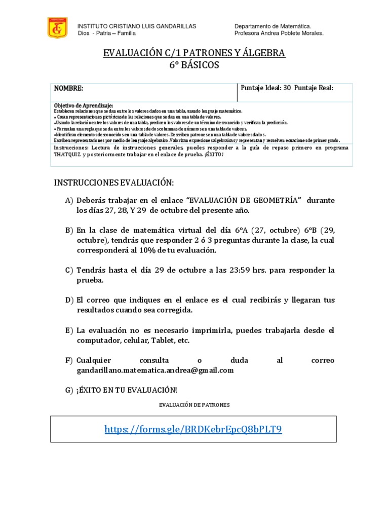 6° Básico MATEMÁTICA - 2°unidad Evaluación Patrones y Álgebra y Guía de ...