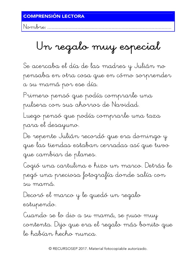 Un Regalo Muy Especial Comprensión Lectora | PDF
