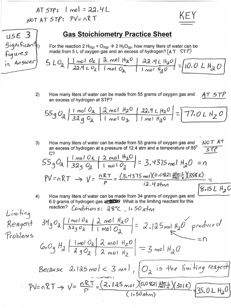 Gas Stoichiometry Practice SOLUTIONS | PDF
