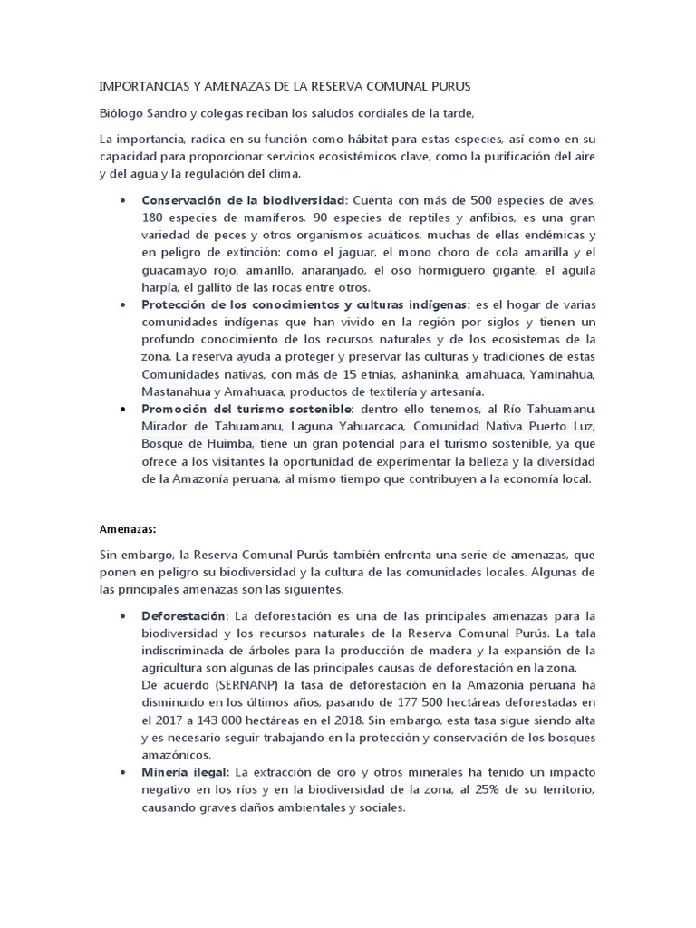 Importancias y Amenazas de La Reserva Comunal Purus | PDF ...
