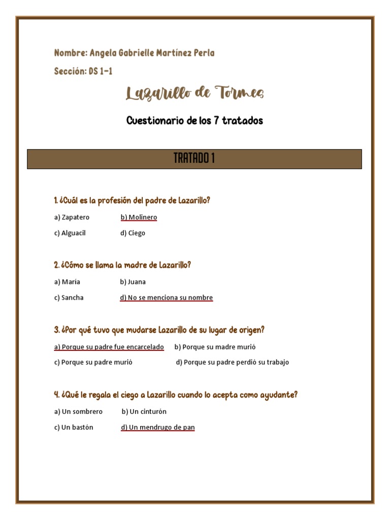 Cuestionario sobre los 7 tratados Lazarillo de Tormes.pdf | PDF