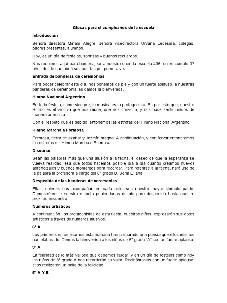 Glosas para El Cumpleaños de La Escuela | PDF Glosas para El Cumpleaños de La Escuela | PDF
