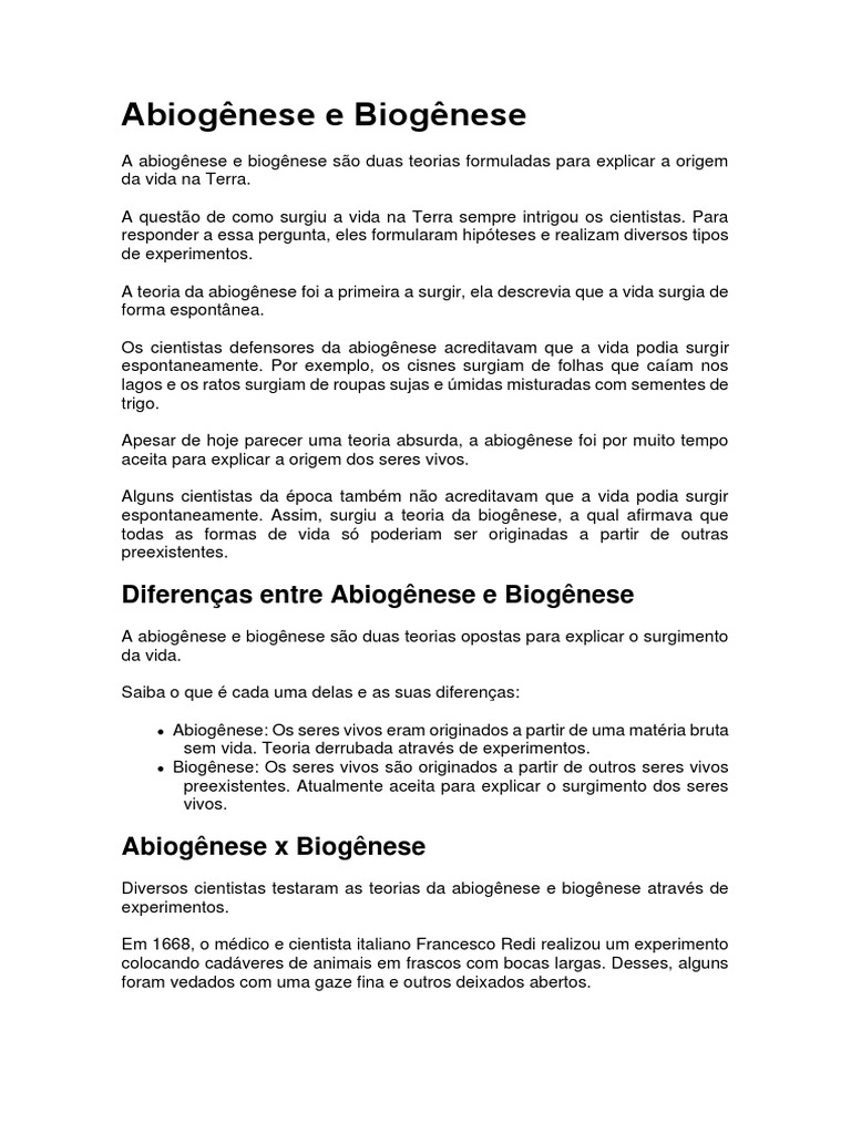 Abiogênese e Biogênese | PDF | Abiogênese | Vida