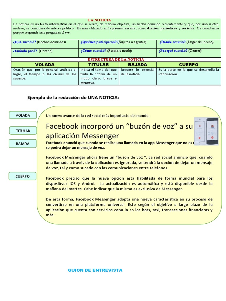 Ejemplo de la redacción de UNA NOTICIA y del GUION DE UNA ENTREVISTA. | PDF