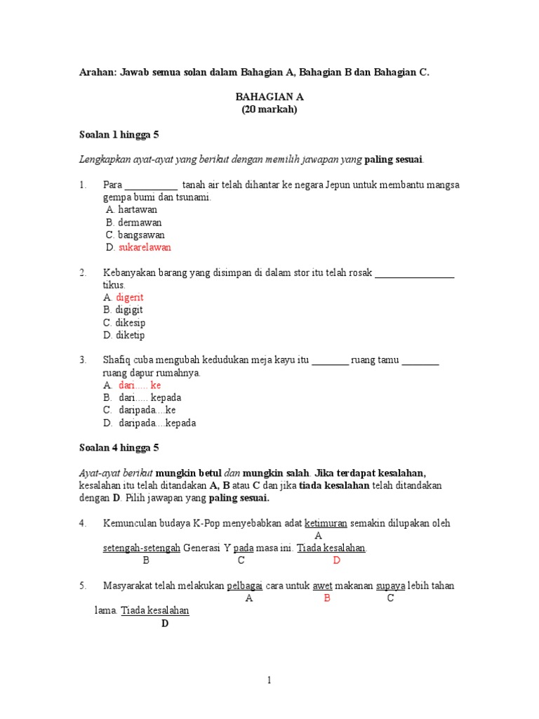 Arahan: Jawab Semua Solan Dalam Bahagian A, Bahagian B Dan Bahagian C. Bahagian A (20 Markah ...