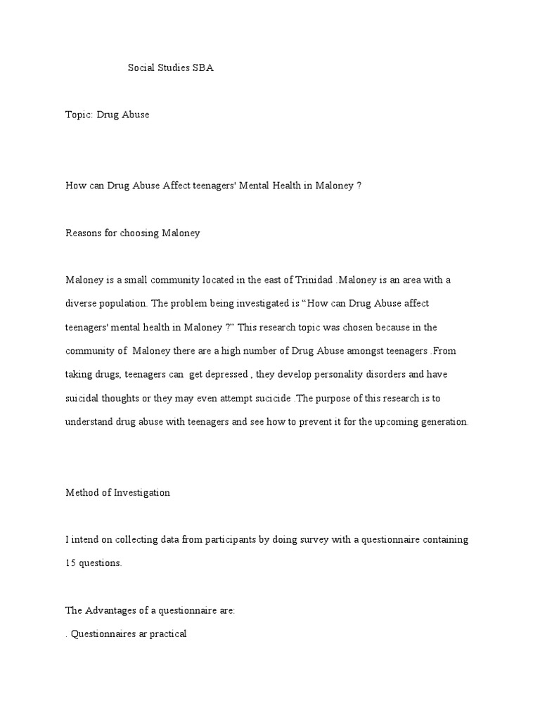 Social Studies SBA | PDF | Adolescence | Substance Abuse