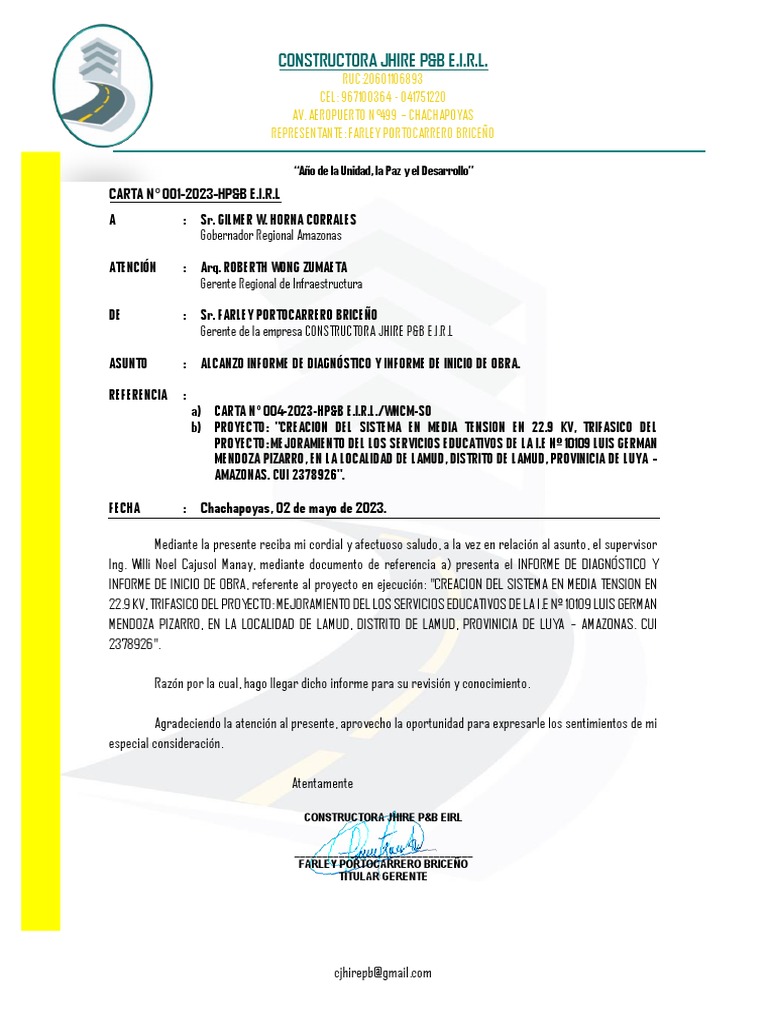 Carta de INFORME DE DIAGNÓSTICO Y INFORME DE INICIO DE OBRA | PDF ...