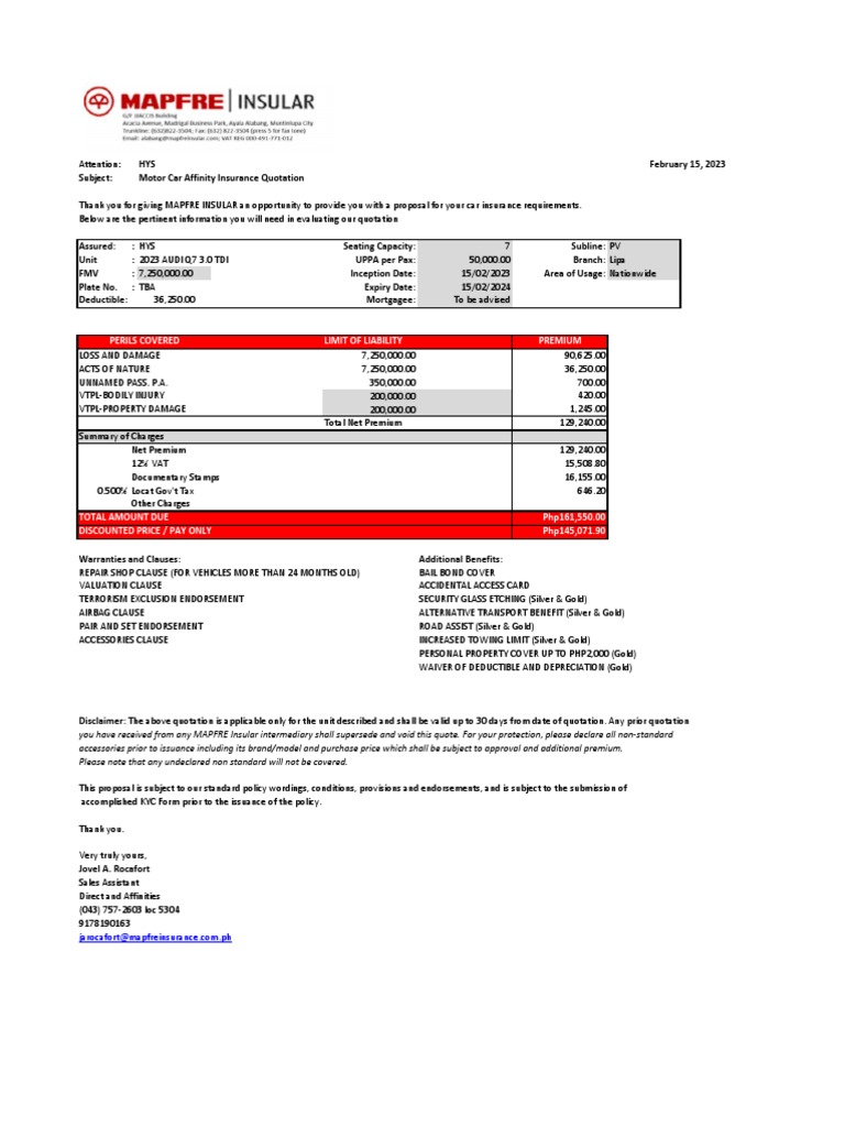 HYS AUDI Quote | PDF