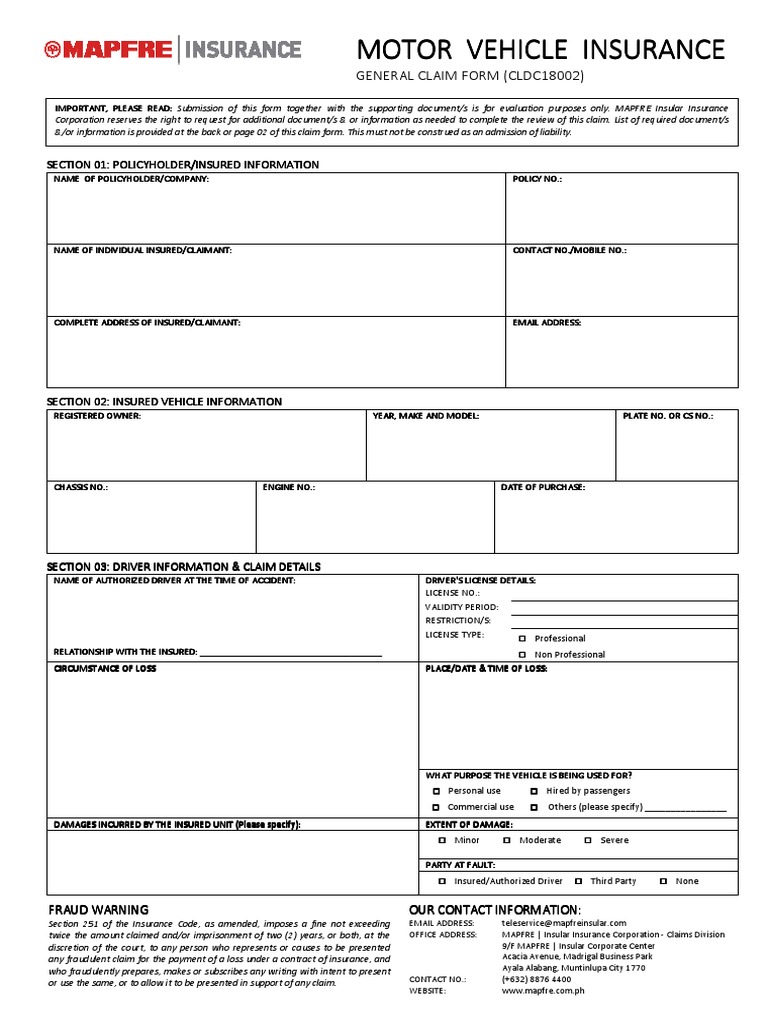 Completing a Motor Vehicle Insurance General Claim Form | PDF