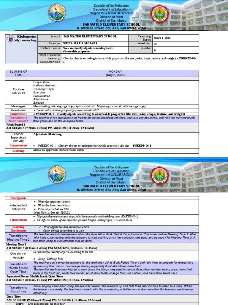 Week 33 Q4 DLL Day 1 | PDF | Teachers | Learning
