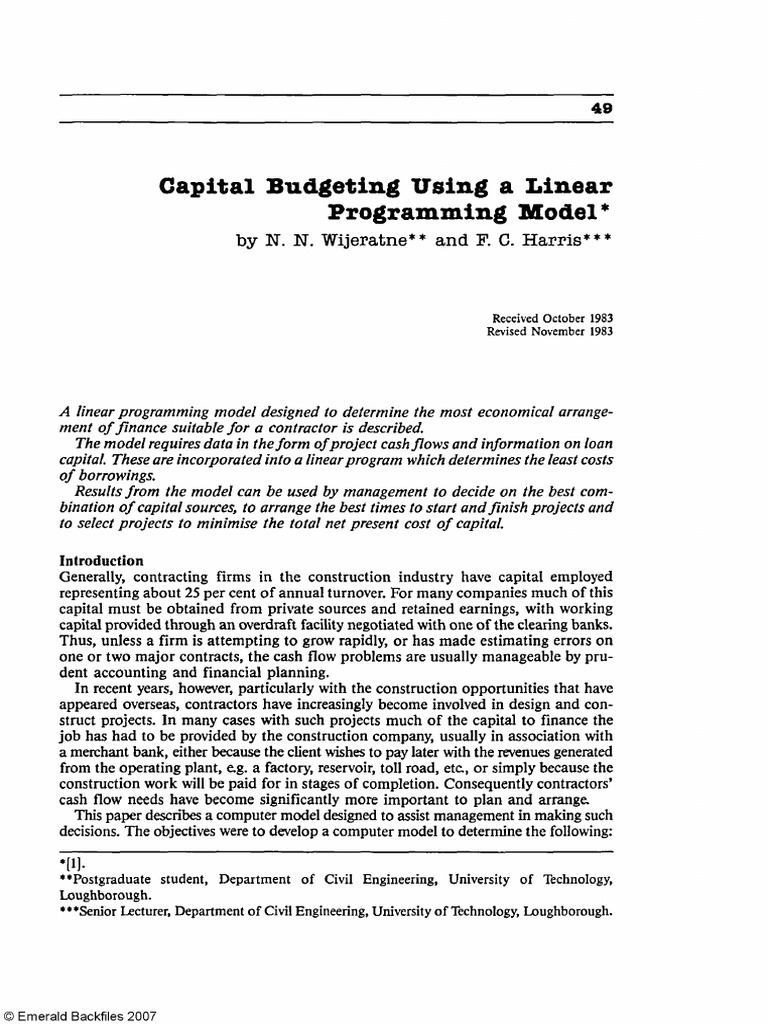 Capital Budgeting Using A Linear Programming Model | PDF