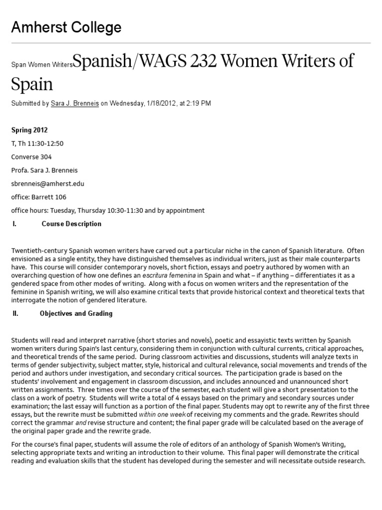 Spanish Women Writers Course Overview | PDF | Essays | Dictionary