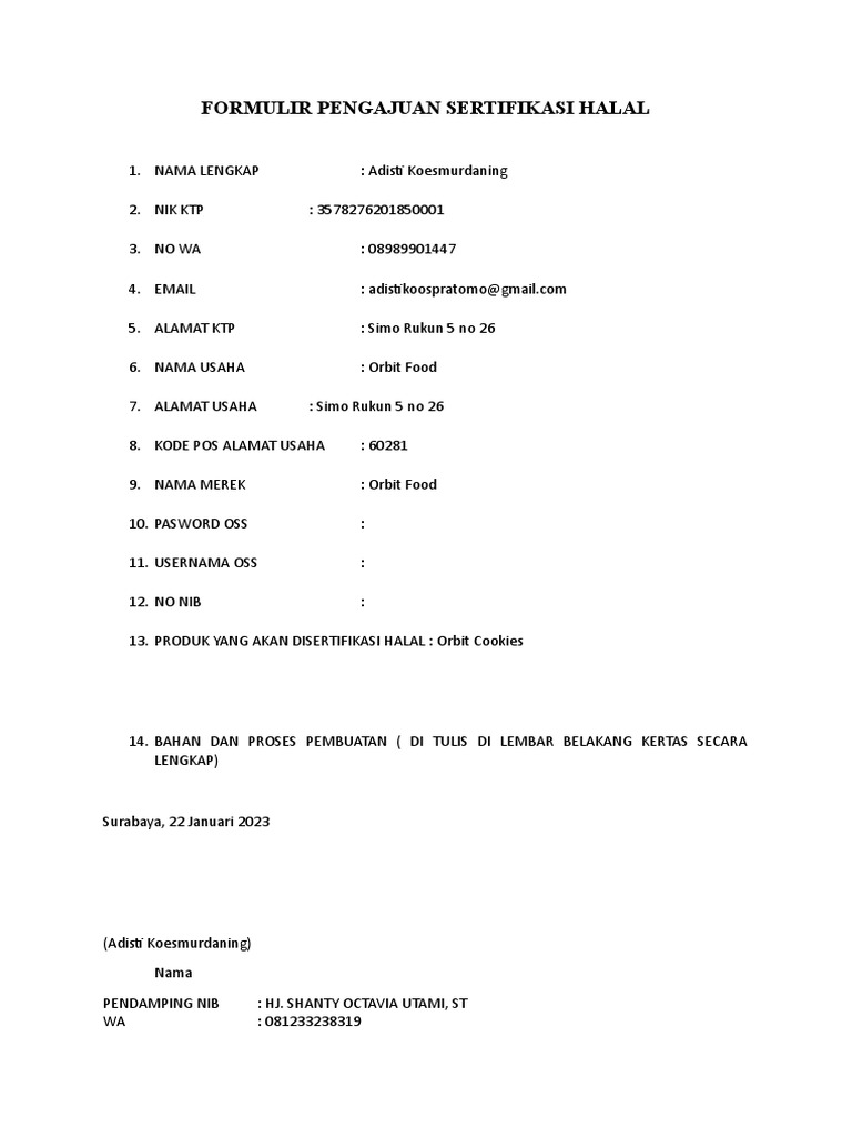 FORMULIR PENGAJUAN SERTIFIKASI HALAL | PDF