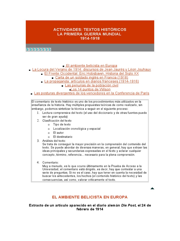ACTIVIDADES. Textos Históricos de La I Guerra | PDF | Guerra de ...