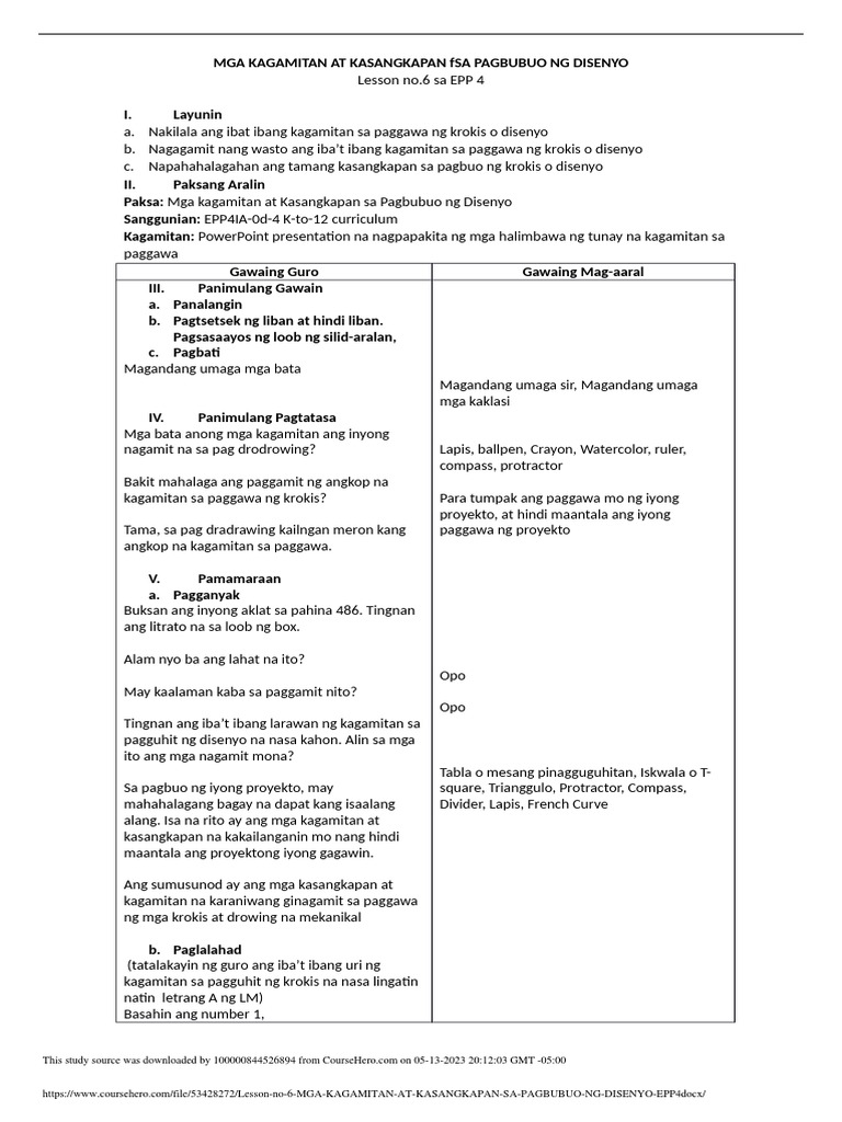Lesson No. 6 MGA KAGAMITAN AT KASANGKAPAN SA PAGBUBUO NG DISENYO EPP4 | PDF