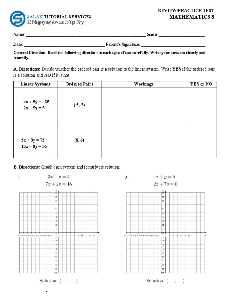 Linear Systems Practice Test | PDF | System Of Linear Equations ...