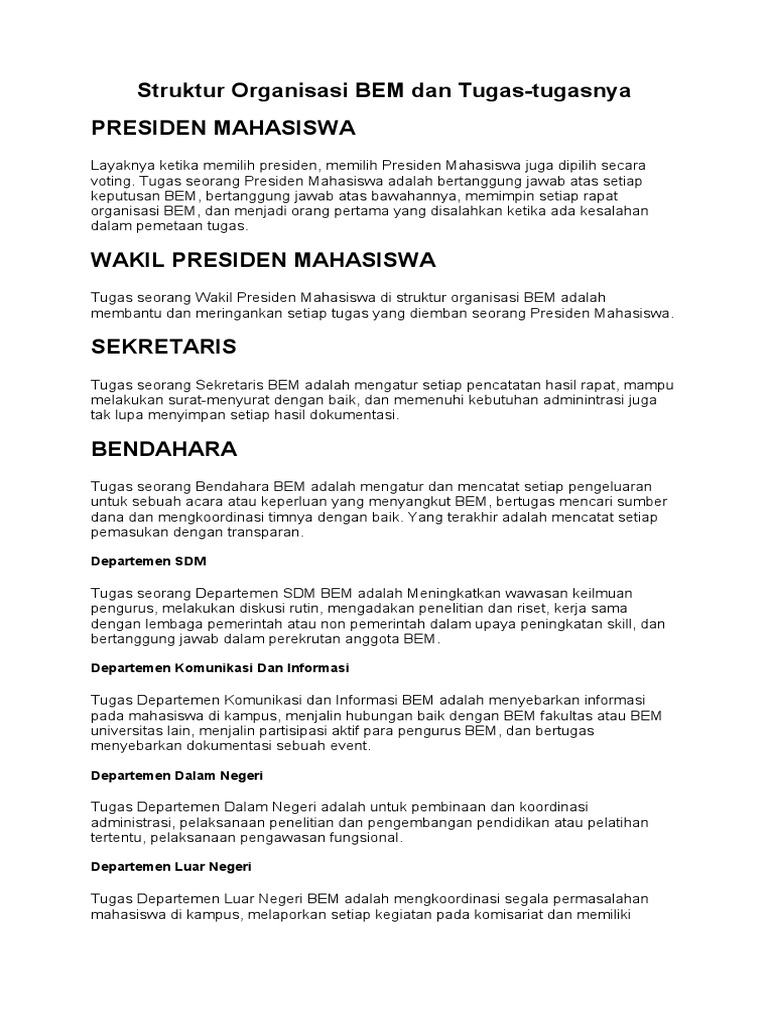 Struktur Organisasi Bem Dan Tugas Mantap Pdf