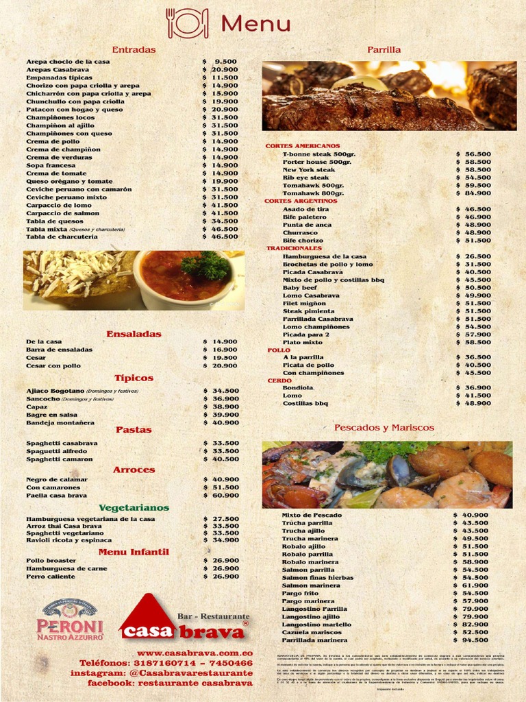 Menu Casa Brava KM 4 La Calera Bogota | PDF