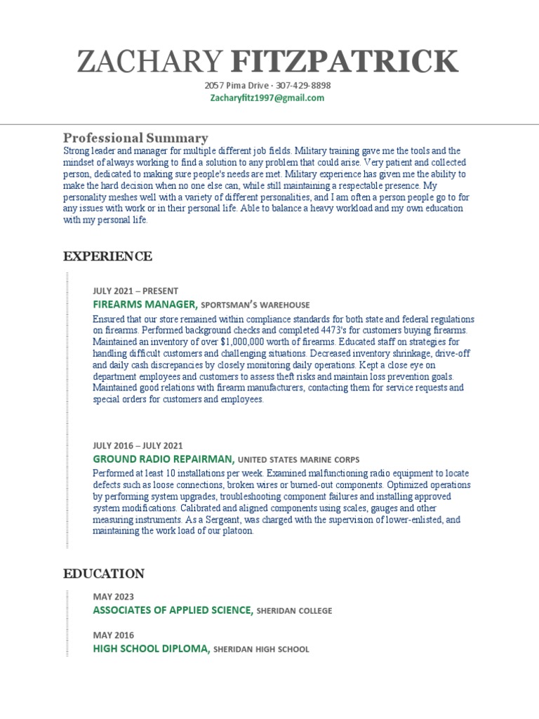 Zachary Fitzpatrick Resume | PDF | Inventory | Business