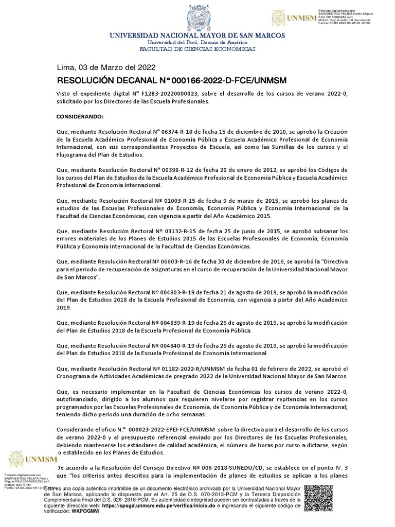 Resolución Decanal-000166-2022-D-Fce | PDF