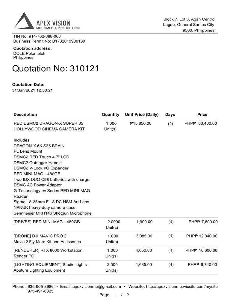 Quotation for Film Production Equipment | PDF | Cheque | Payments