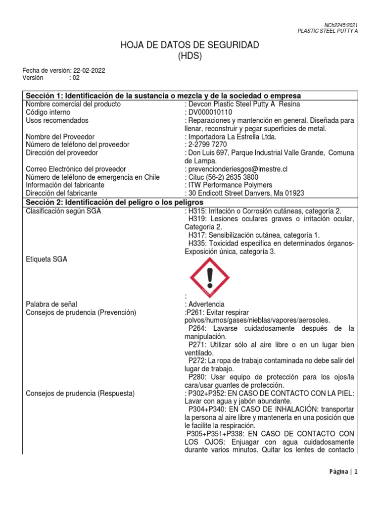 Hoja de datos de seguridad para una resina epoxi de reparación de metal ...