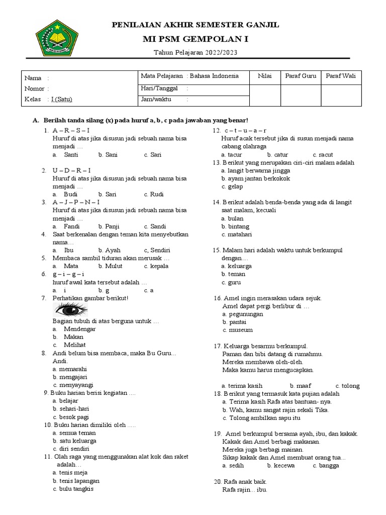 Soal Uas B Indonesia PSM Gempolan | PDF