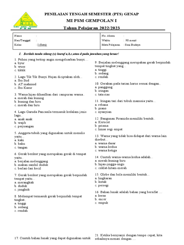 11 SOAL PTS Seni Budaya PSM GEMPOLAN | PDF