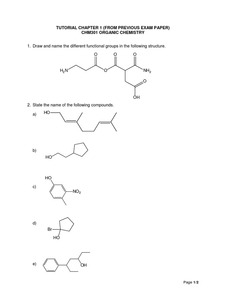 CHM301 Organic Chemistry Tutorial 1 | PDF