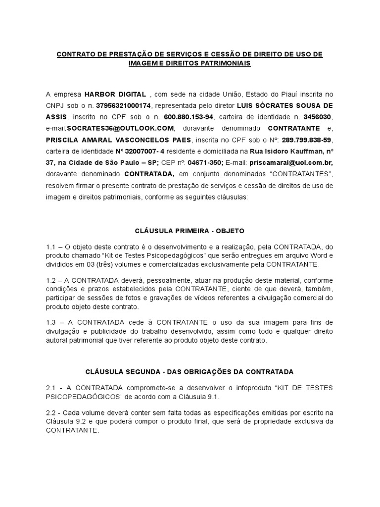 Contrato de Presta o de Servi Os e Cess o de Direito de Uso de Imagem e Direitos Patrimoniais ...