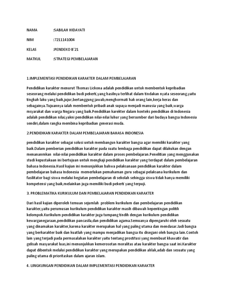 Implementasi Pendidikan Karakter dalam Pembelajaran | PDF