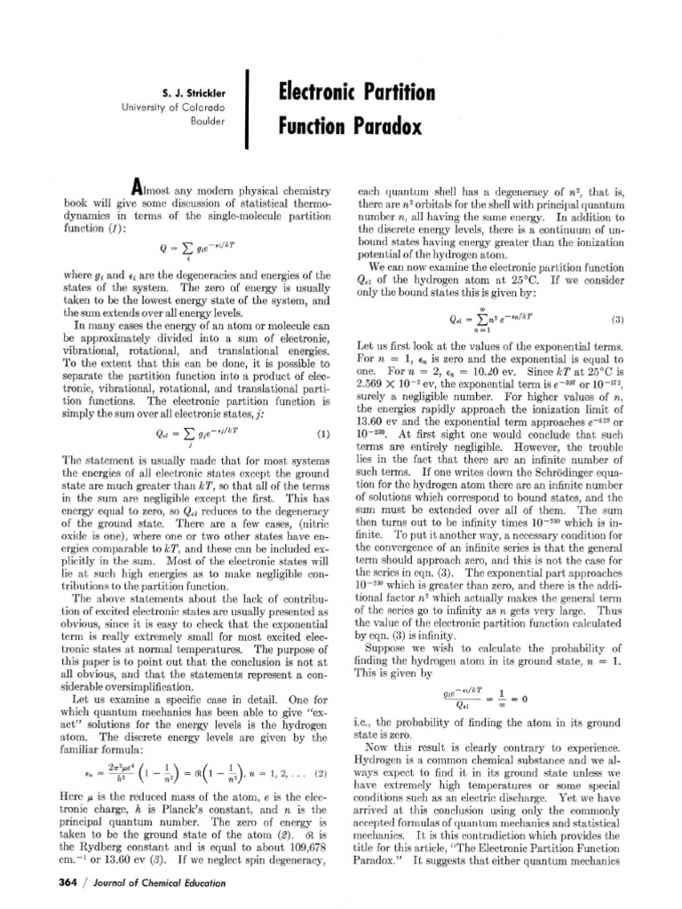 Electronic Partition Function Paradox: Strickler | PDF | Energy Level ...