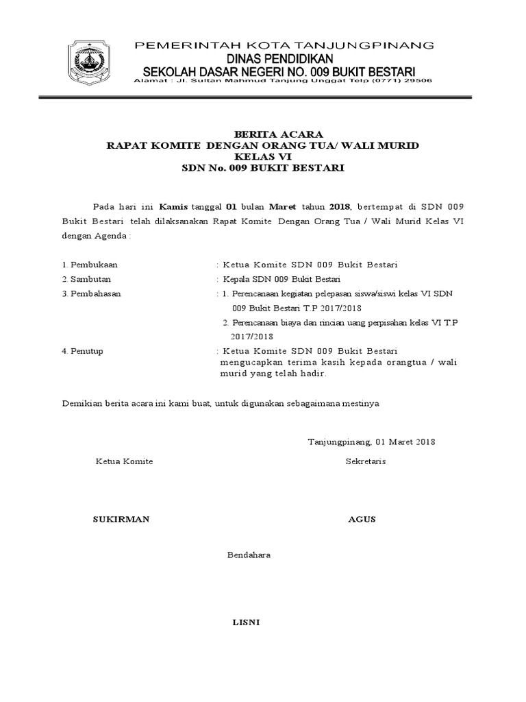 Berita Acara Rapat Komite Wali Muriddocx Pdf