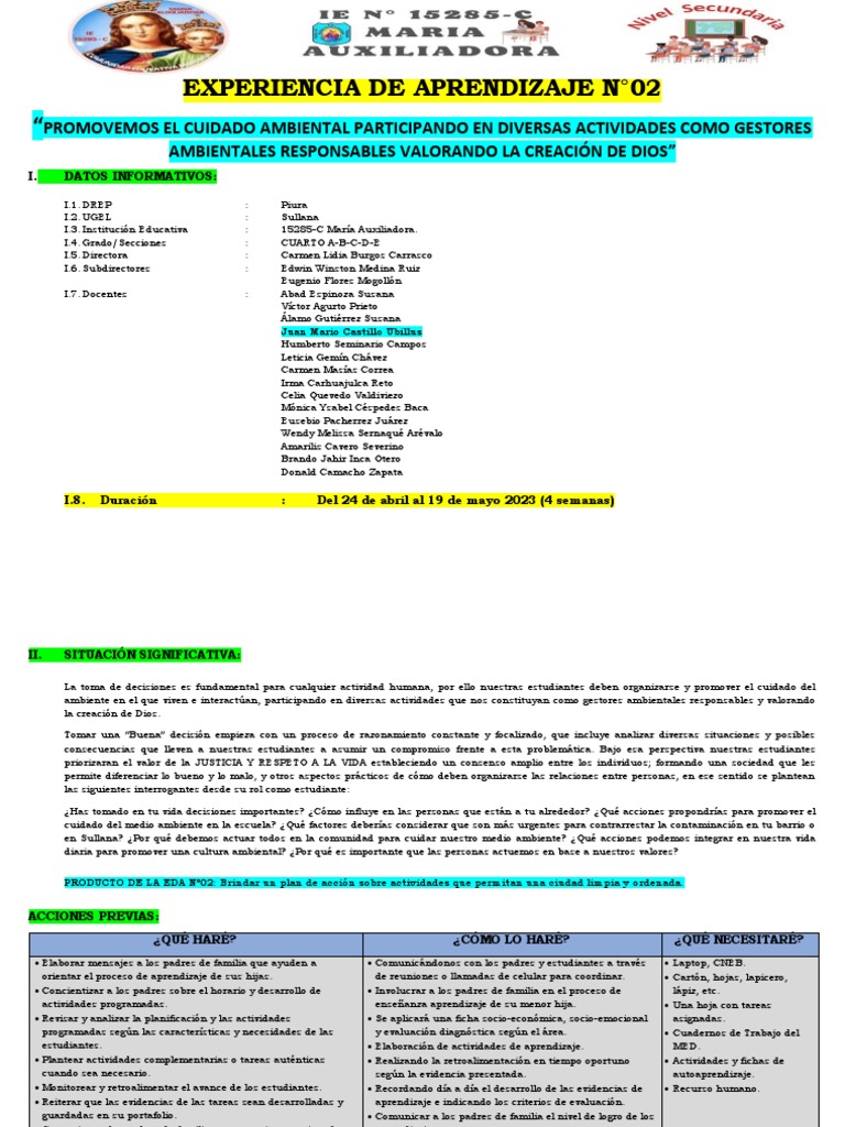 Experiencia de Aprendizaje #02 Cuarto de Secundaria | PDF