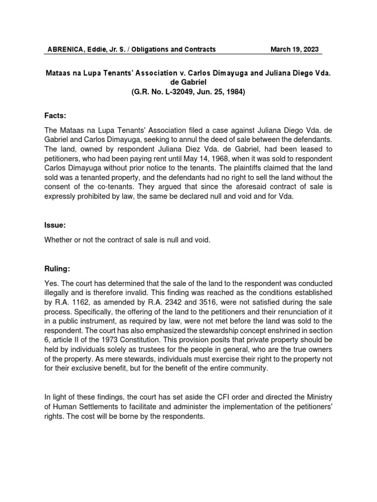 Mataas Na Lupa Tenants' Association v. Carlos Dimayuga and Juliana ...