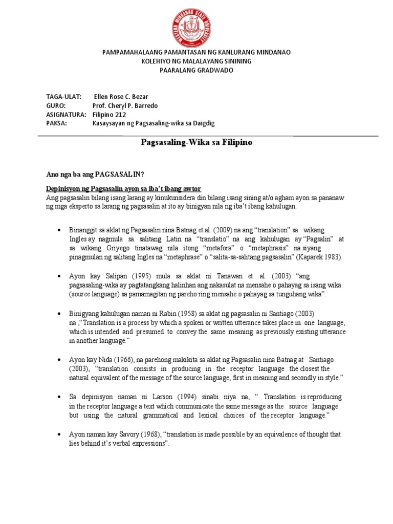 PAGSASALING-WIKA SA FILIPINO | PDF