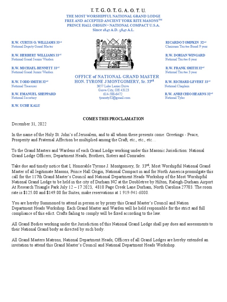 Call for the 117th Grand Master's Council and National Department Heads ...