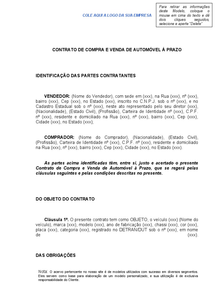 Modelo de Contrato de Compra e Venda de Automóveis Veículo Carro A Prazo - Modelo ...