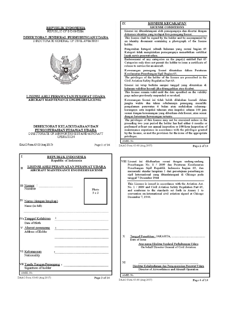 DGCA Form 65-03 Aircraft Maintenance Engineer Licence - Aug 2017 PDF | PDF