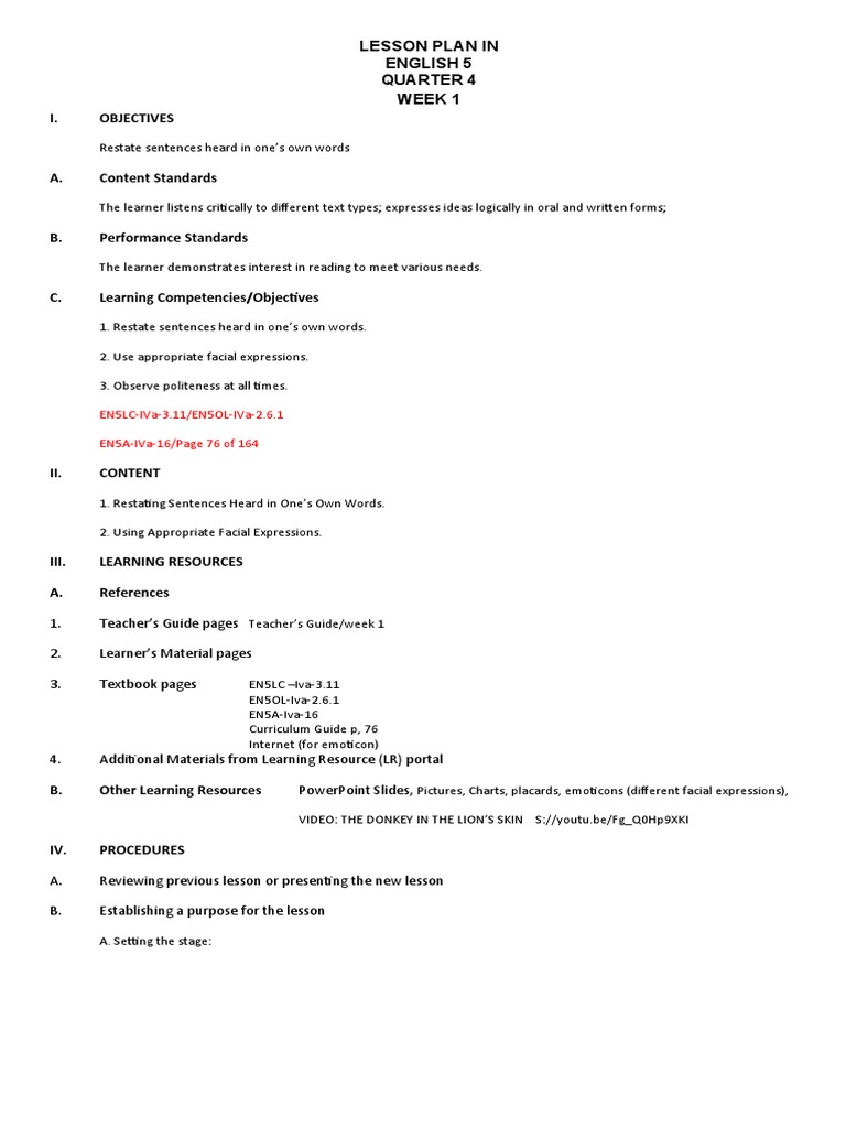 Lesson Plan in English 5 Quarter 4 Week 1 | PDF