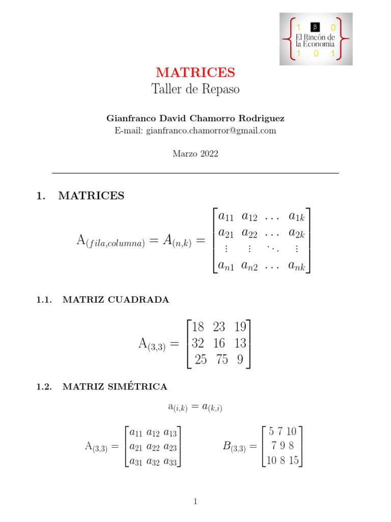 Matriz Simétrica y Operaciones Básicas | PDF | Matriz (Matemáticas ...