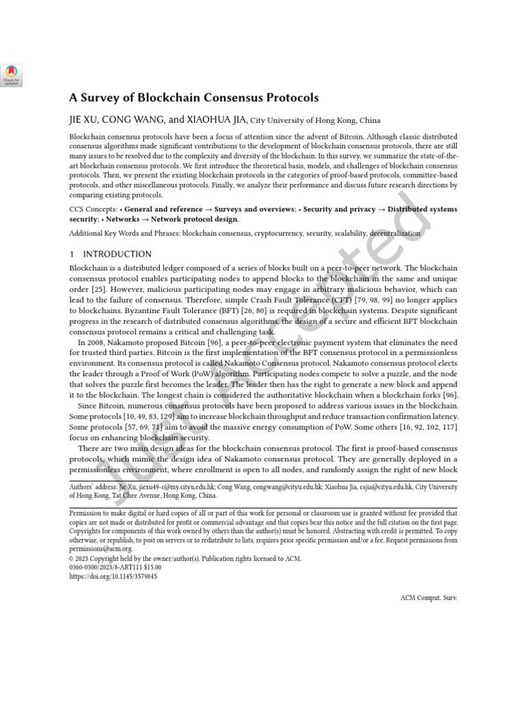 A Survey of Blockchain Consensus Protocols: Jie Xu, Cong Wang, and Xiaohua Jia | PDF | Finance ...
